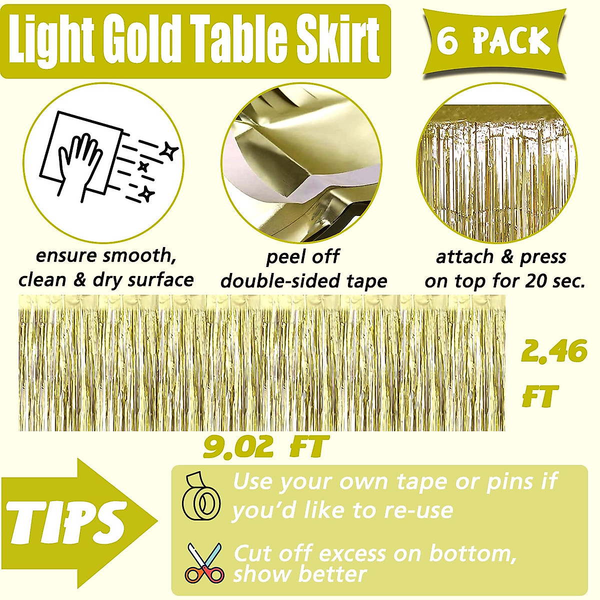6 Pack 29x108 Inch Light Gold Metallic Foil Fringe Table Skirts Banner for Tinsel Streamer Garland Curtains Backdrop for Parade Floats Wedding Baby Shower Birthday Christmas Halloween Party Decoration