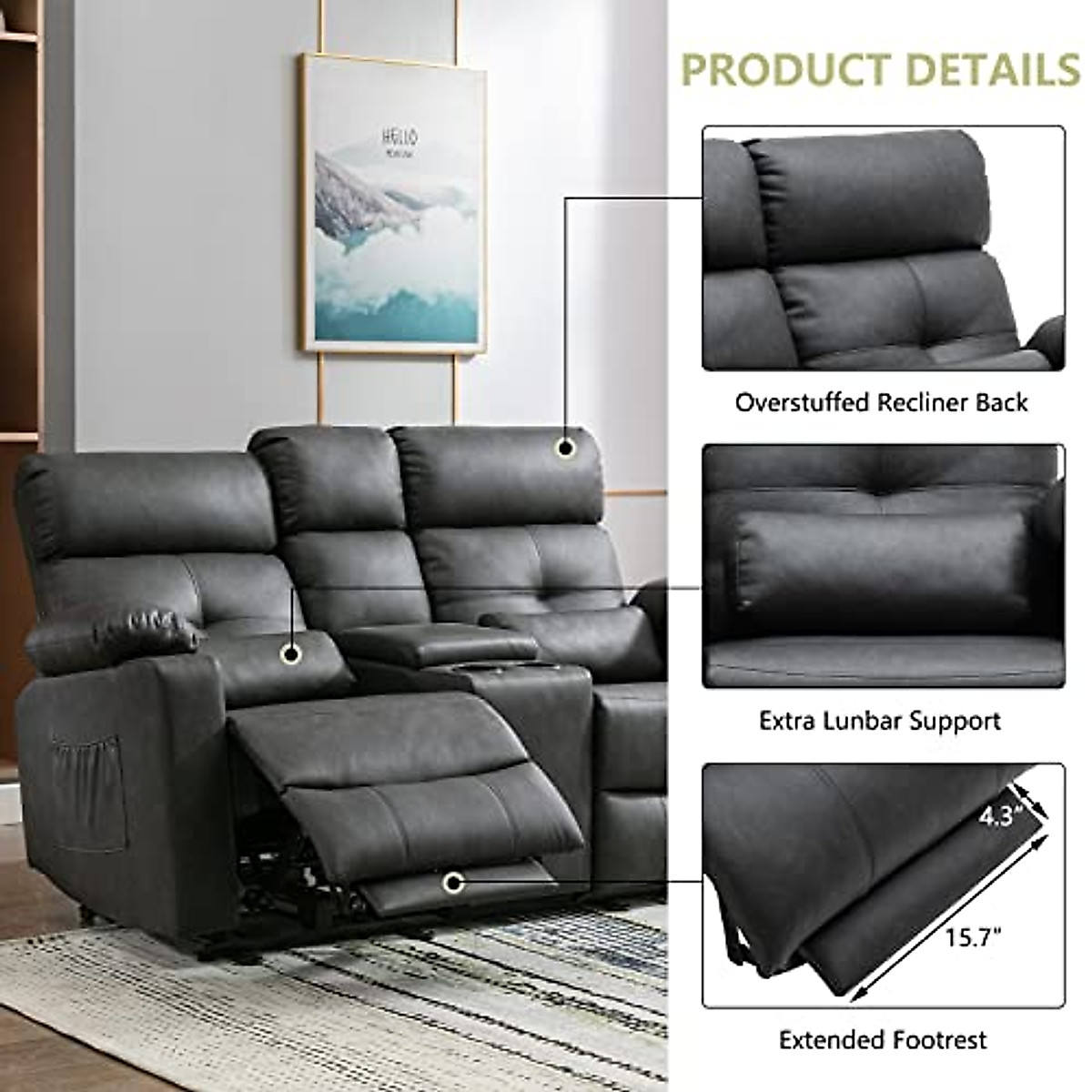 Consofa 68'' Loveseat Recliner, Power Reclining Loveseat, PU Leather Reclining Loveseat with Console, Recliner Loveseat with Heat and Massage, Cup Holders, Lumbar Support for Living Room