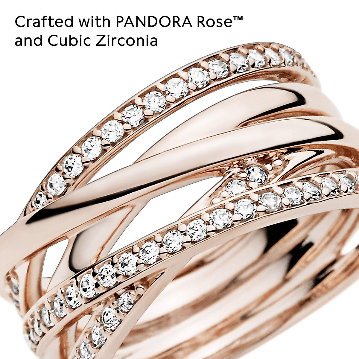 Pandora Sparkling & Polished Lines Entwined Ring - Rose Gold Ring for Women - Chic Cocktail Ring - Gift for Her - 14k Rose Gold-Plated Rose with Cubic Zirconia - Size 8.5