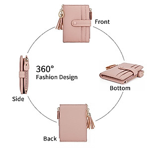 HKCLUF Small Wallets for Women,RFID Blocking Wallet Women,Bifold Slim Card Holder Zipper Coin Pocket With Tassel Keychain(Pink)
