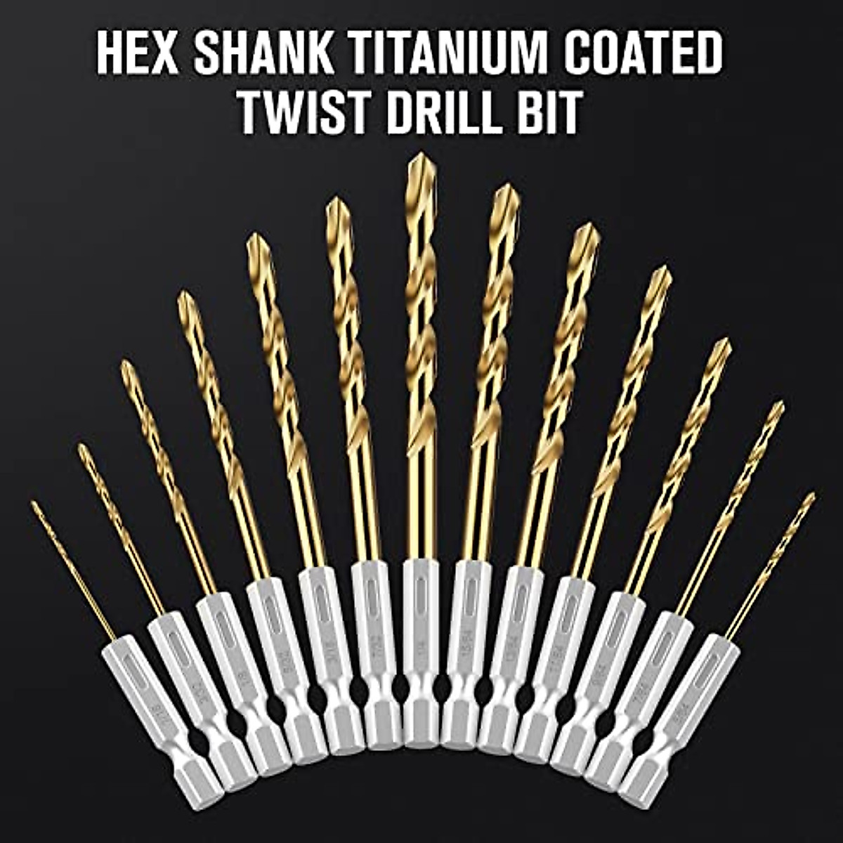 MACXCOIP Hex Shank Drill Bit Set, 13Pcs HSS Titanium Twist Drill Bit for Sheet Metal, Wood, Plastic, Quick Change Design (1/16" - 1/4")