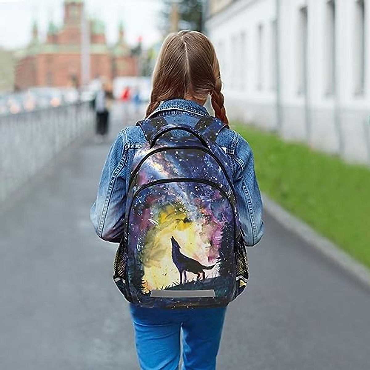 Sletend Teenage Girl’s Boy’s Backpack Middle School Student Bookbag Starry Sky Wolf Outdoor Daypack with Reflective Stripes, Large Capacity Printed Children's Backpack Student School Bag