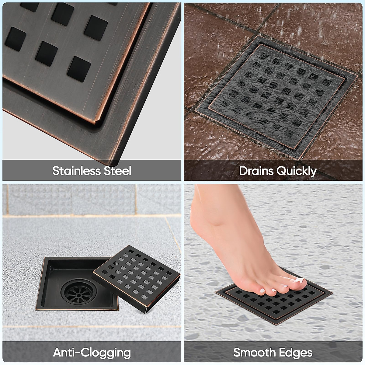 TICONN 4'' Square Floor Shower Drain, Lattice Square Perforated Pattern Easy Cleaning Removable Grate, Rustproof SUS 304 Stainless Steel (Oil Rubbed Bronze, 4'')