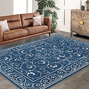 GarveeHome 8x10 Rug Washable Rugs Vintage Floral Rug for Living Room Moroccan Office Rug Low Pile Throw Rugs Modern Area Rug for Bedroom Non-Slip Backing Room Decor Distressed Rug Blue Rug