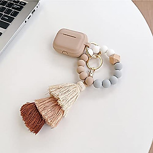 AirPod Pro Case,Gtinna Fashion Cute Stripe AirPod Pro Cover Case,Soft Silicone Case for Apple AirPod Pro Wireless Charging Case with Silicone Beaded Bracelet Tassel Keychain Accessorie (Khaki)