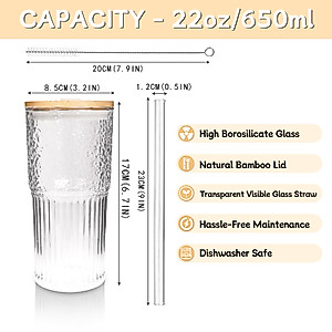 ANOTION Glass Cups with Lids and Straws - 22oz Coffee Cups Gifts for Women Drinking Glasses Iced Smoothie Cup Glass Tumbler Water Glasses Ribbed Glassware Clear Cups Travel Coffee Mug Glasses Set