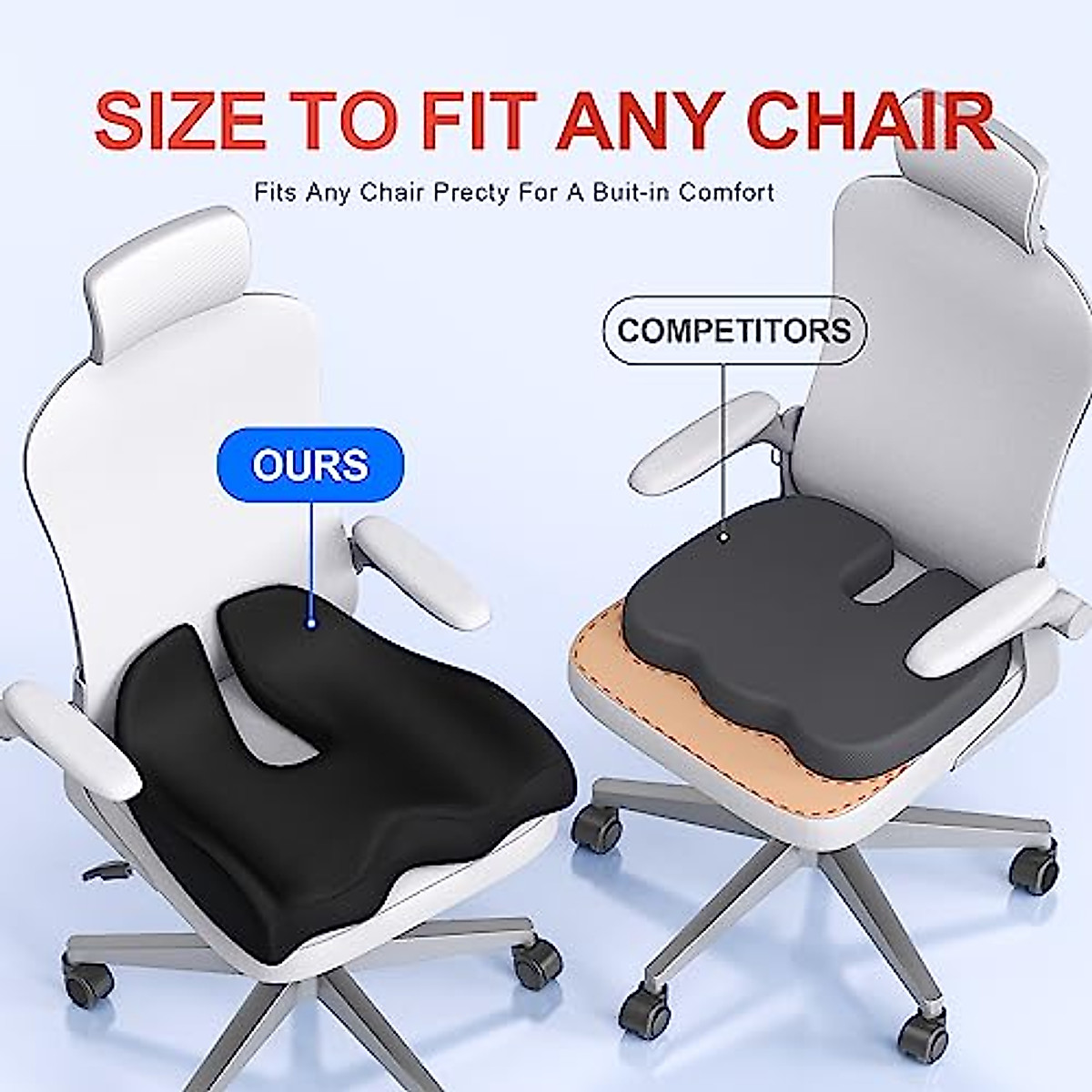 Benazcap X Large Memory Seat Cushion for Office Chair Ergonomic Cushions Pad Pillow for Pressure Relief Sciatica & Pain Relief Memory Foam for Long Sitting for Gaming Chair and Car Seat Black