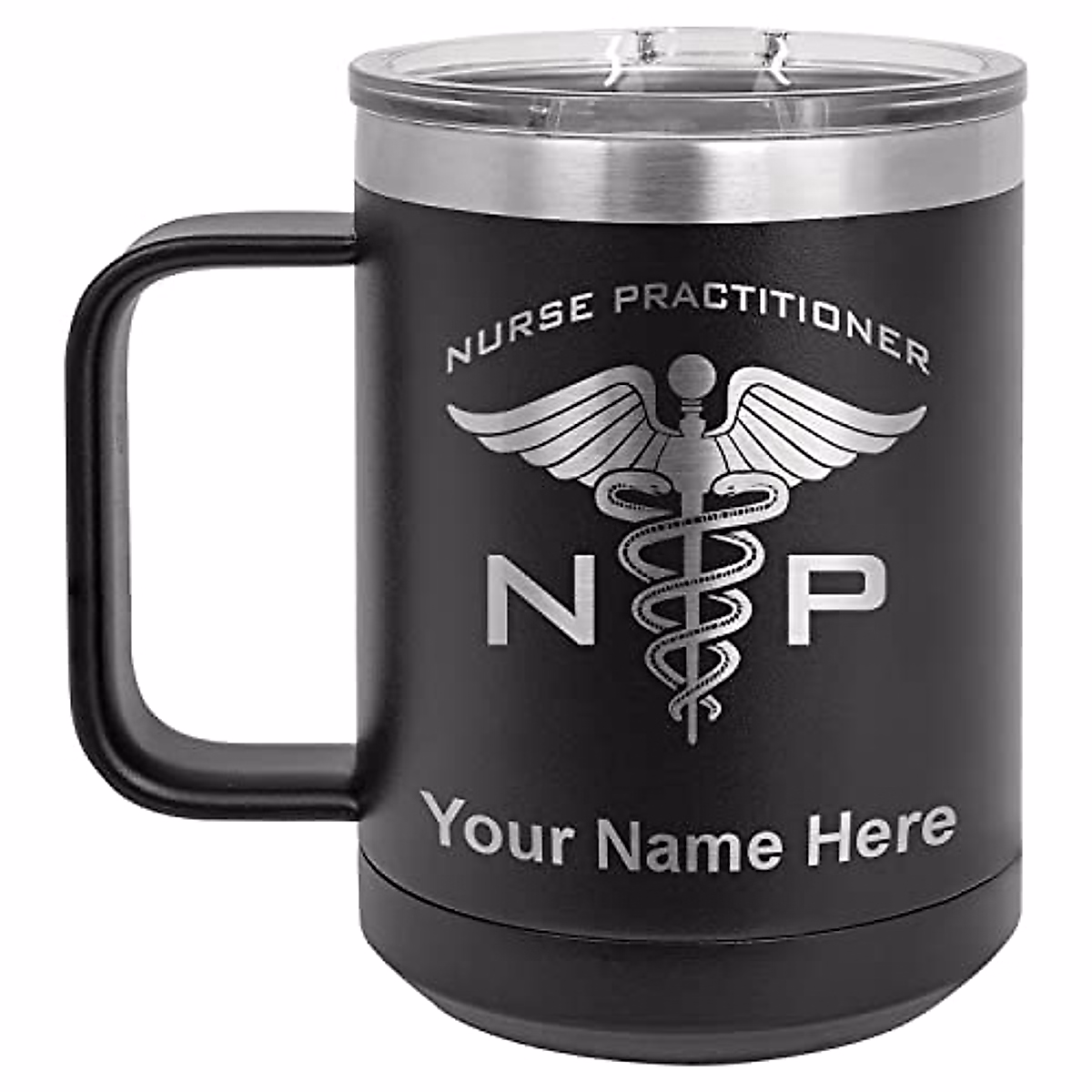 LaserGram 15oz Vacuum Insulated Coffee Mug, NP Nurse Practitioner, Personalized Engraving Included (Black)