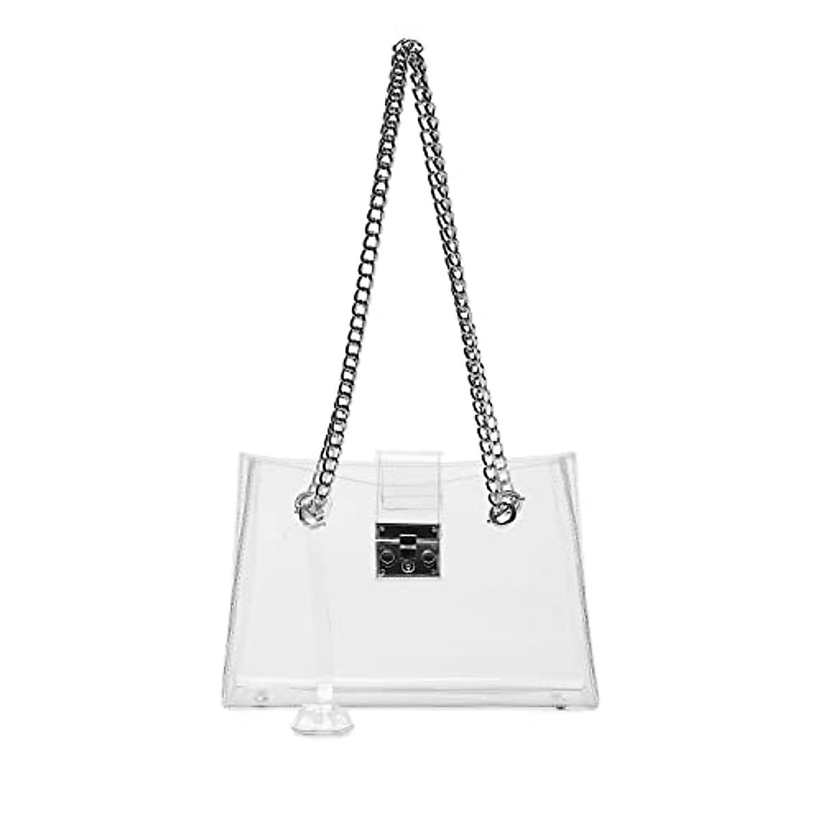 Leanoria Designer Clear Purse Tote Bag with Lock Chain Stadium Approved Clear PVC Plastic Bag Transparent See Through Handbag for Work (Silver)