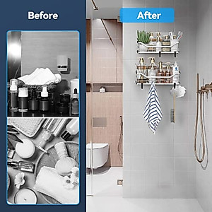 Rziawssa Shower Caddy, Shower Organizer(2Pack), Adhesive Shower Shelves Basket With 4+5 Hooks, No Drilling, Large Capacity, Rustproof Stainless Steel Wall-Mounted Bathroom Shower Shelf, Silver