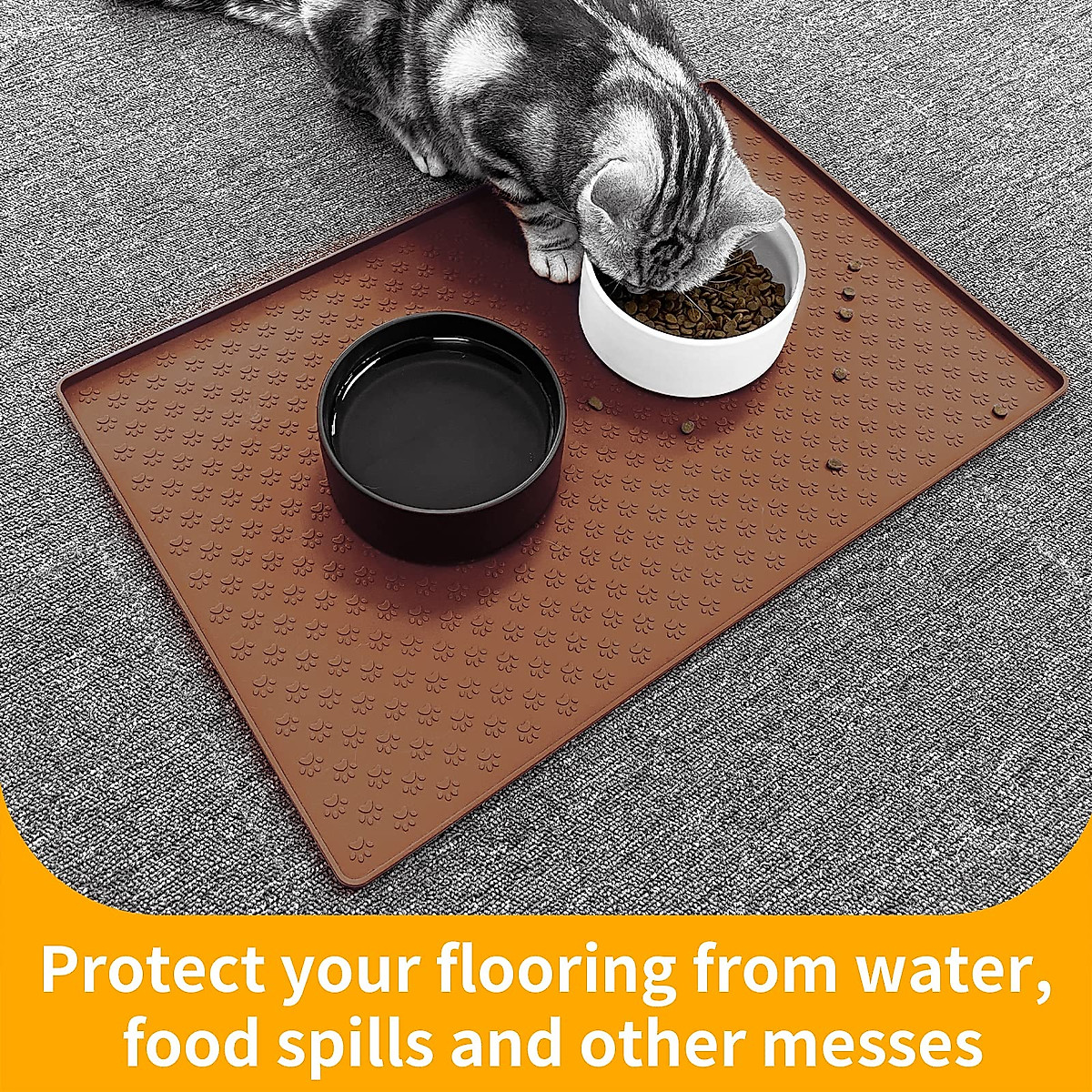 Ptlom Pet Placemat for Dog and Cat, Waterproof Silicone Pet Feeding Bowl Mats for Food and Water, Small Medium Large Dogs Mat Prevent Residues from Spilling to Floor, Brown, 18" 12"