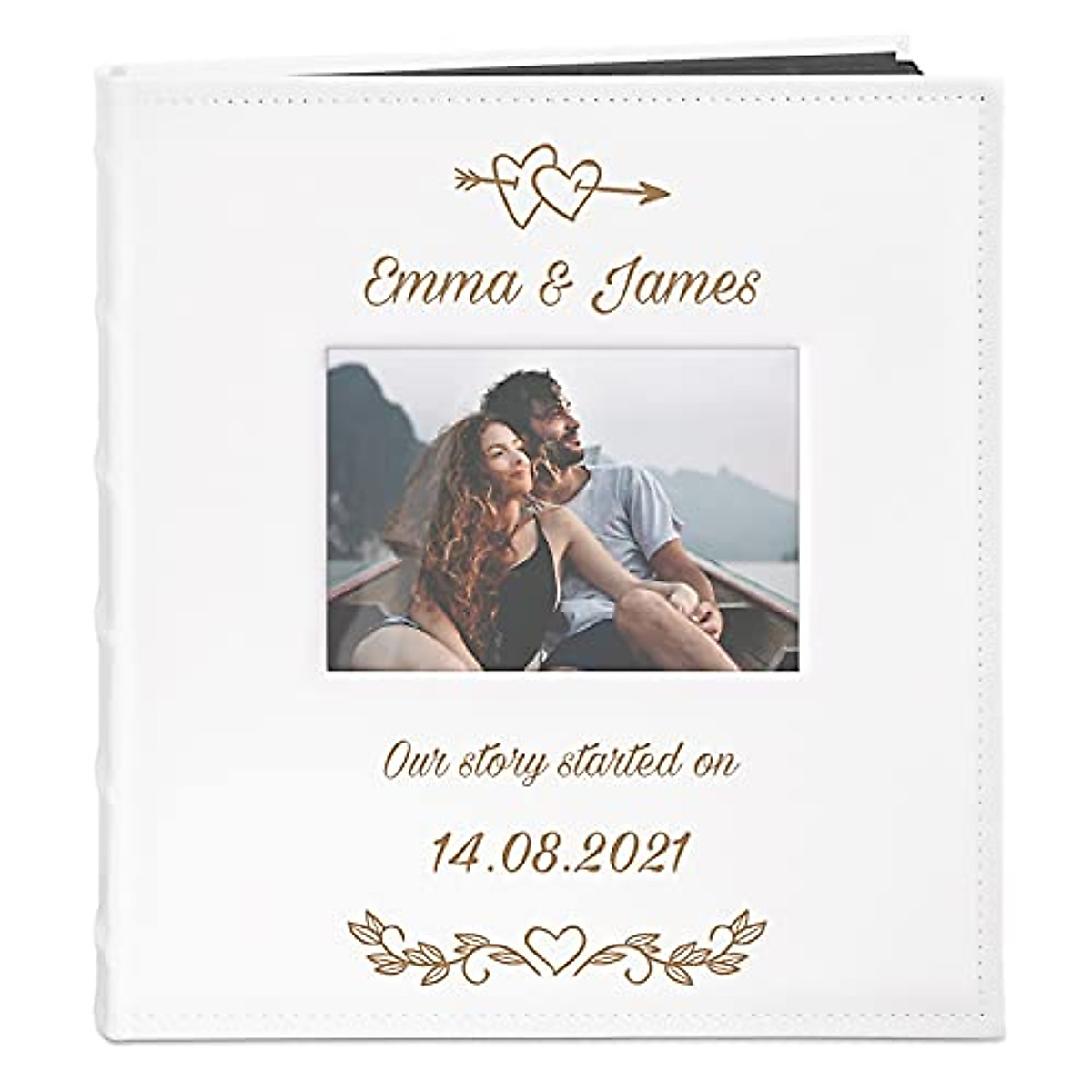 Maverton Photo Album - Customised white cover with a photo frame - 60 black pages - Memory book for couples - for parents - Photo Book for wedding - Love