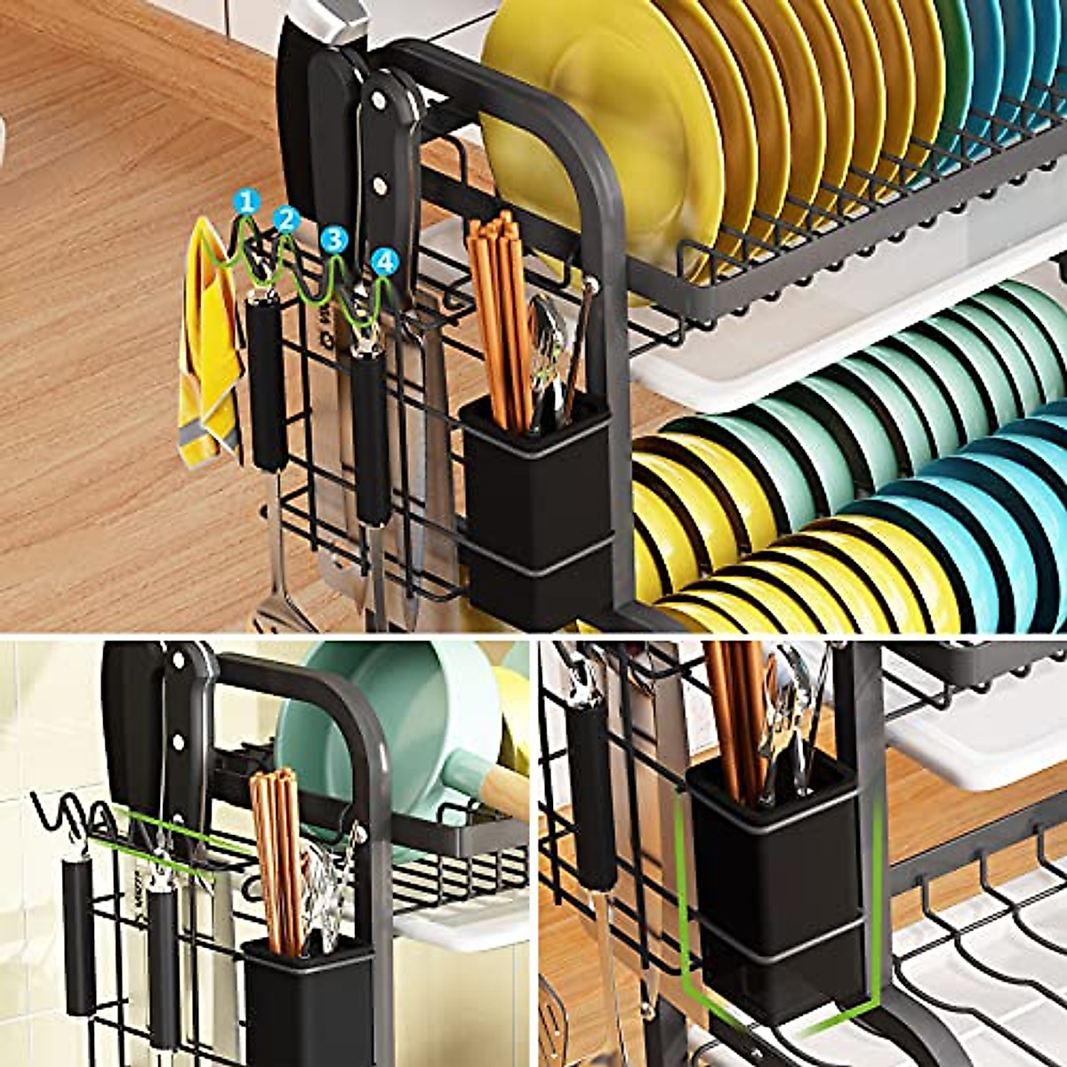 1Easylife Dish Drying Rack, 2-Tier Compact Kitchen Dish Rack Drainboard Set, Large Rust-Proof Dish Drainer with Utensil Holder, Cutting Board Holder for Kitchen Counter Tableware Organizer