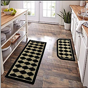 Marina Decoration Decor Luxury Non-Slip Rubber Backing Safety Ultra Water Absorbent Soft Woven Fluffy Runner Area Carpet Floor Mat Indoor Kitchen Rug, Black Pumice Geometric Design 2 Pieces Set