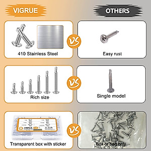 VIGRUE 185Pcs #8 Truss Head Self Tapping Screws, 410 Stainless Steel Low Profile Self Drilling Tek Screw Assortment Kit, Length 1/2'' to 1-1/2''