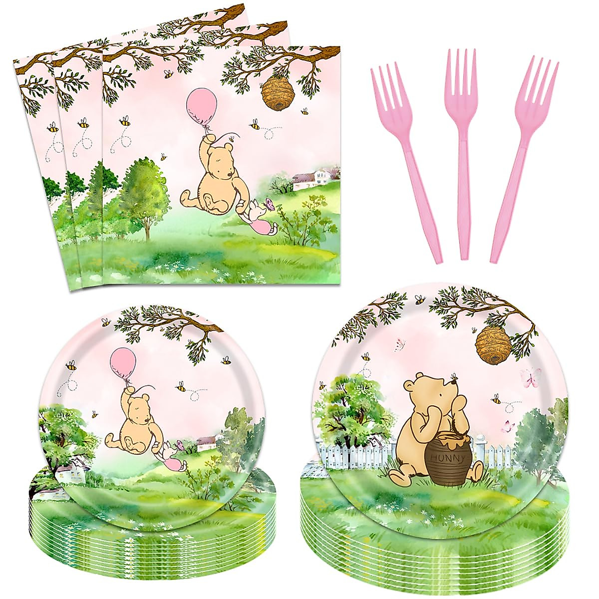 96 Pcs Classic Pooh Bear Party Supplies for Girls 24 Guests Baby Shower Tableware Plates Napkins Cartoon Little Bear Bees Dinnerware Table Decorations Newborn 1st Happy Birthday Party Favor