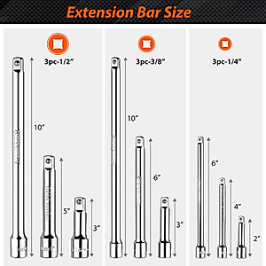 VALUEMAX 9 PCS Extension Bar Set, 1/4", 3/8", 1/2" Drive Socket Extension Bar Set for Ratchet Wrench, Premium Chrome Vanadium Steel with Mirror Finish, Chrome Plated, Storage Tray Included