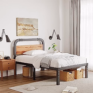 Aardhen Twin-XL Size Bed Frame 14 Inch Rustic Wood Headboard, Heavy Duty Steel Slats Support, Easy Assembly, No Box Spring Needed, Quiet and Sturdy