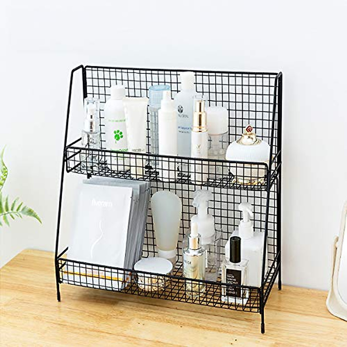 Black 2 Tier Wire Basket Bathroom Organizer Shelves Cosmetic Makeup Organizer Dresser Countertop Storage Spice Rack Desktop Freestanding Jars Bottles Holder