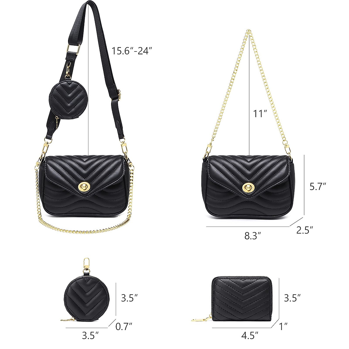 Black Purse Crossbody Bag with Coin Purse for Women Small Quilted Purses Shoulder bag for Women Lightweight Cross body Bags Trendy Purse and Handbags