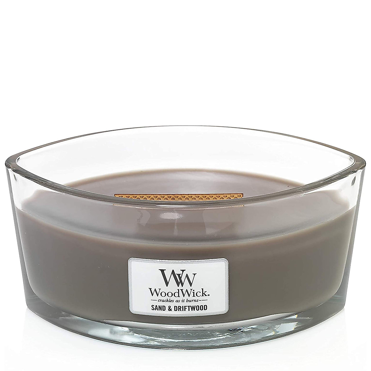 WoodWick Scented Candle with Crackling Wick | Sand & Driftwood Ellipse Candle | Long Burning Candles: Up to 50 Hours Burn Time | Perfect Gifts for Women