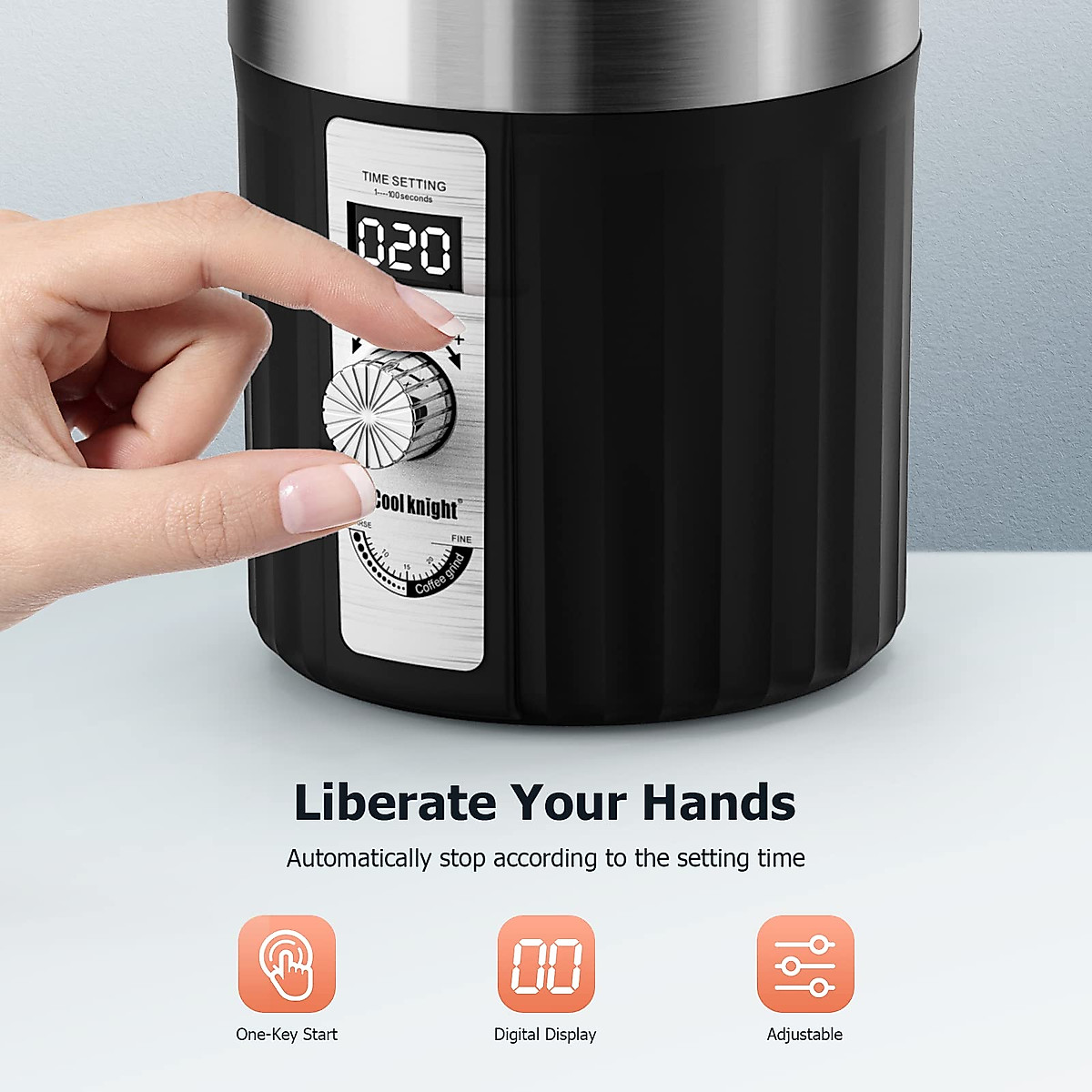 COOL KNIGHT Adjustable Coffee Grinder Electric, with Timing Setting and Removable Stainless Steel Bowl, Herb Spice Grinder Great for Coffee Bean, Spices and Herbs - 7.6"