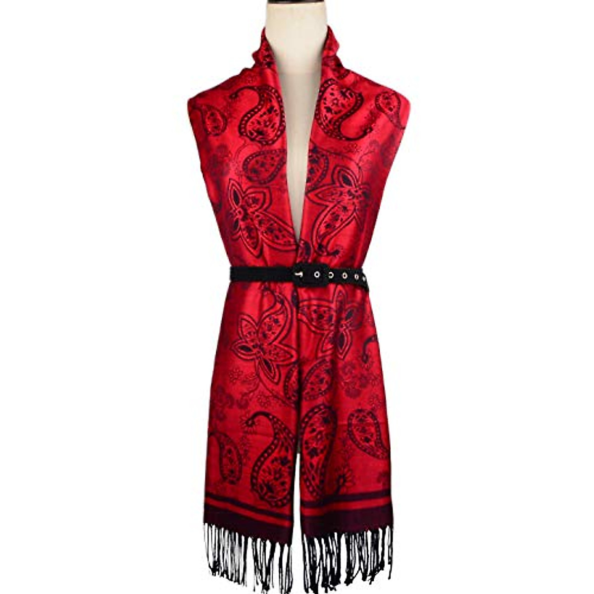 Iristide Women's Pashmina Shawl Paisley Pattern Scarf Tassels Wrap Colorful Ethnic (2005-Red &Black)