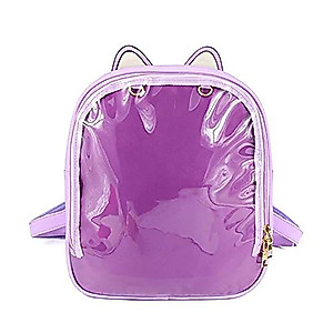 Ita Backpacks Girls Cute Rucksack Cat Ears Design Daypack Ladies Summer Beach Bag Transparent Windows for DIY Pins Decors, Purple