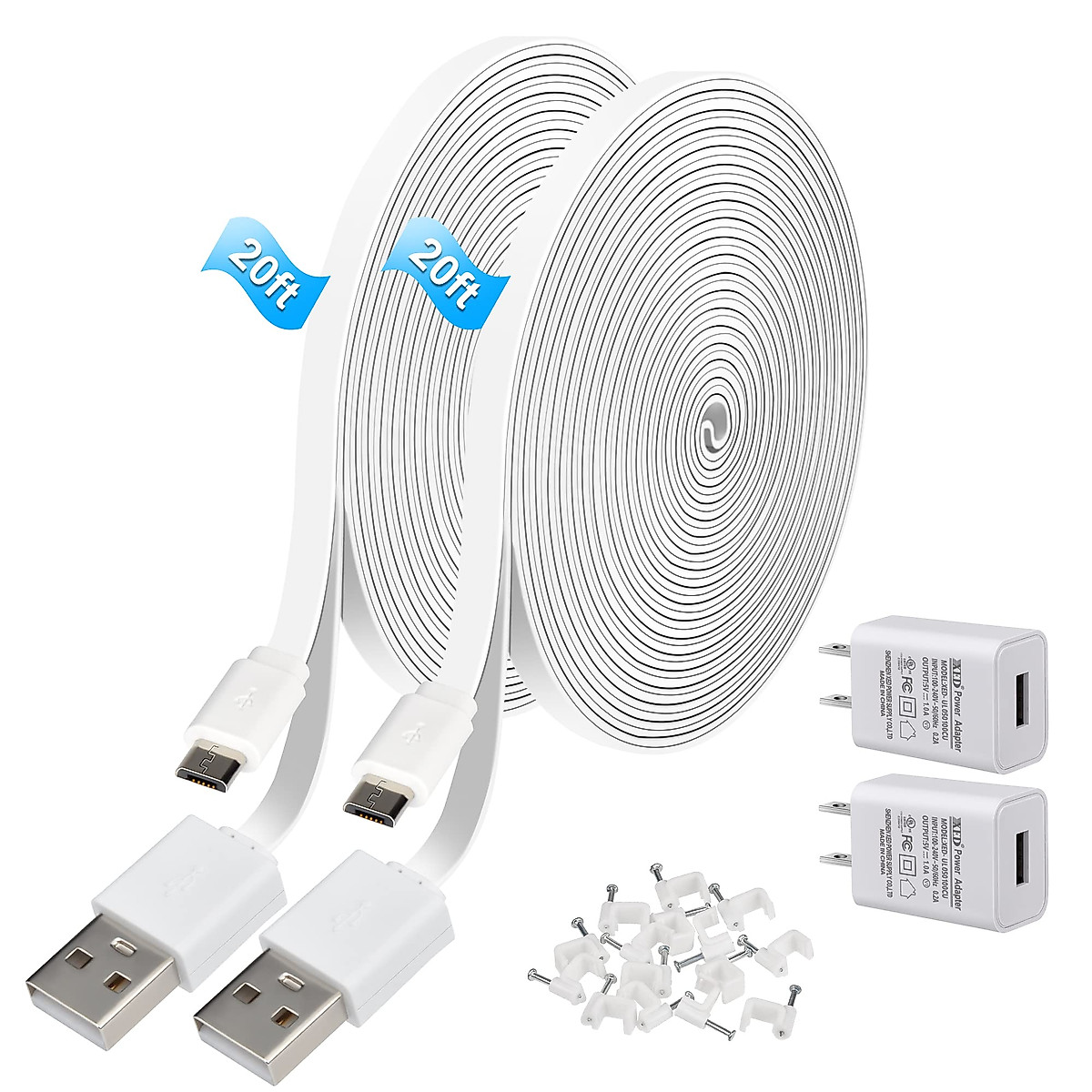 2Pack 20FT Power Extension Cable with Wall Adapter Compatible with Wyze Cam v3/v4/OG/v3 Pro, Wyze Cam Pan, Yi Camera,NestCam Indoor,SimpliSafe,USB Charging cable