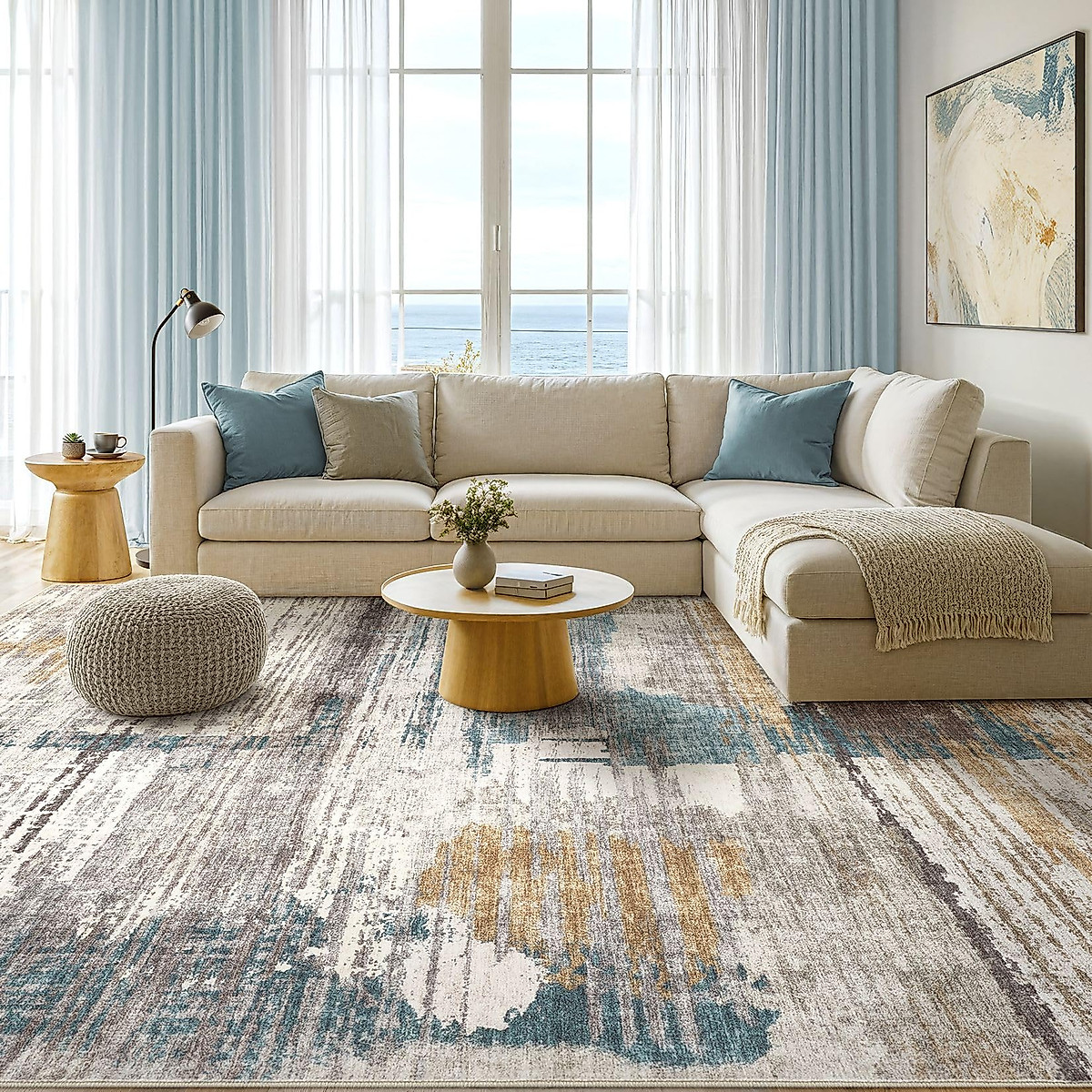 8x10 Rugs for Living Room: Large Modern Washable Super Soft Abstract Area Rug Neutral Contemporary Low Pile Carpet for Bedroom Dining Room Nursery Home Office Decor - Blue/Grey/Gold