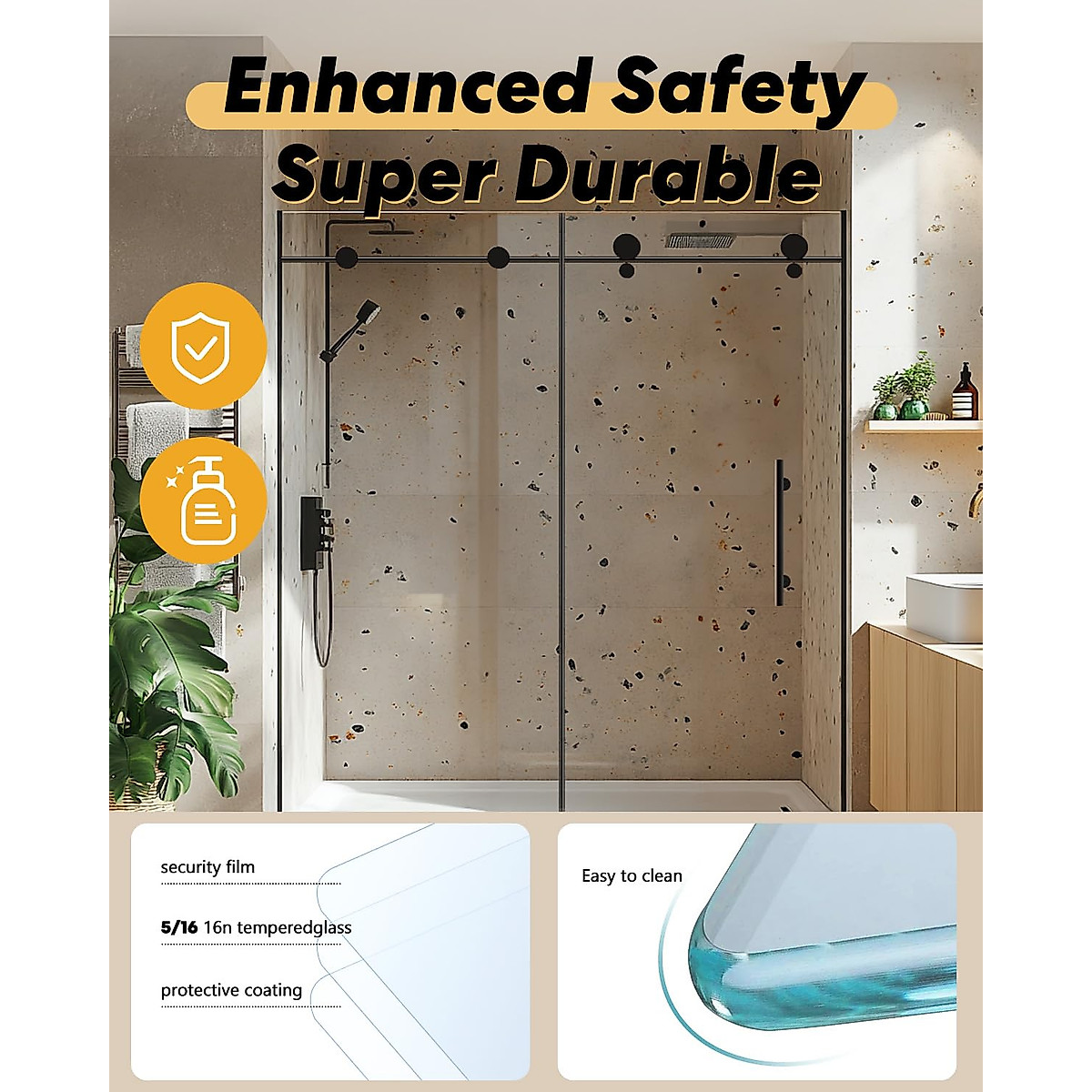 Miscoos Frameless 56-60" W x 74" H Single Sliding Shower Door, Matte Black, 5/16" SGCC Tempered Glass, Soft-Close, Adjustable Width, Easy Install