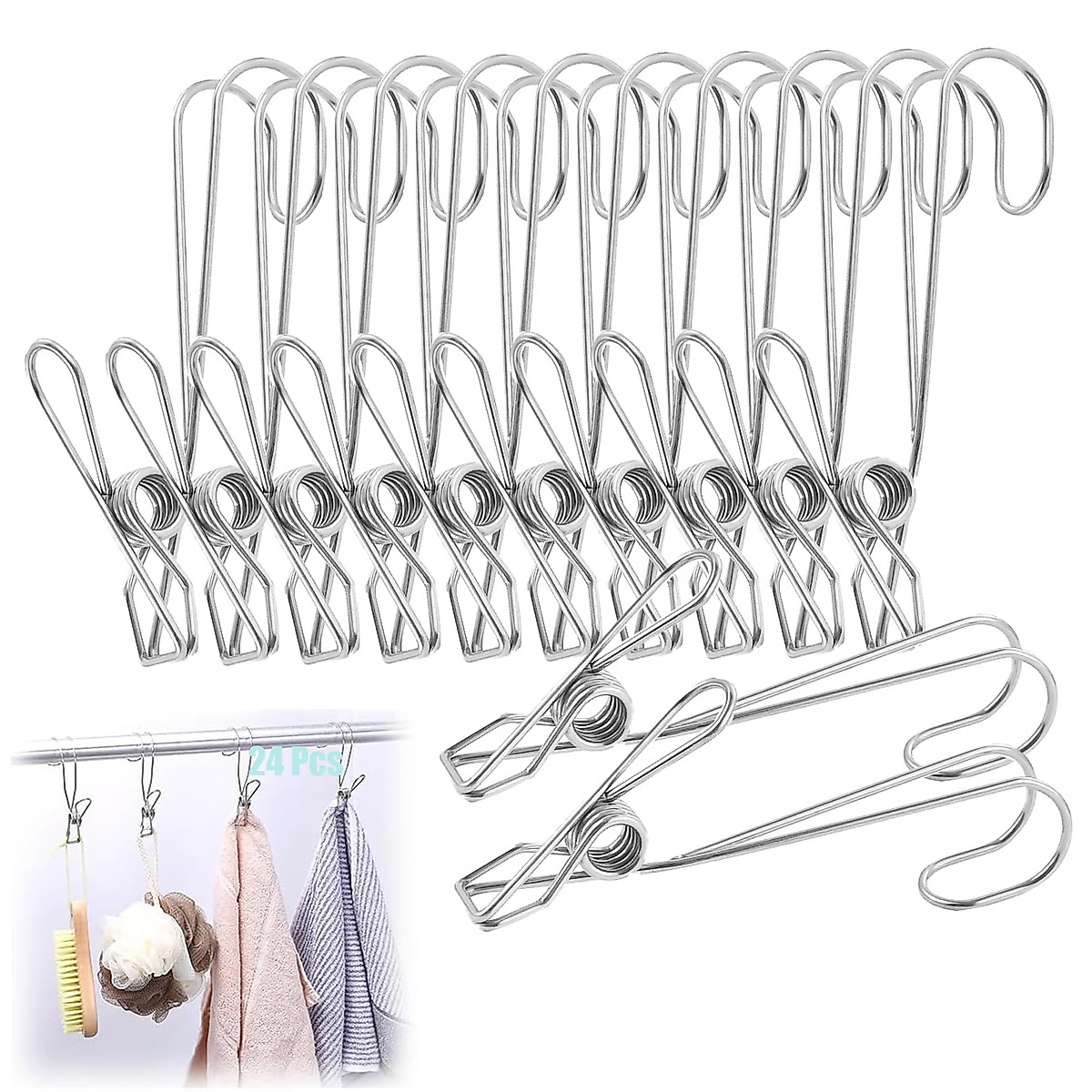 24Pcs Stainless Steel Metal Long Tail Clip with Hooks，Clips for Hanging- Ideal for Closet, Kitchen, Bathroom - Hang Photos, Cards, Stockings - Rust-304 Stainless Steel Clothes Pins