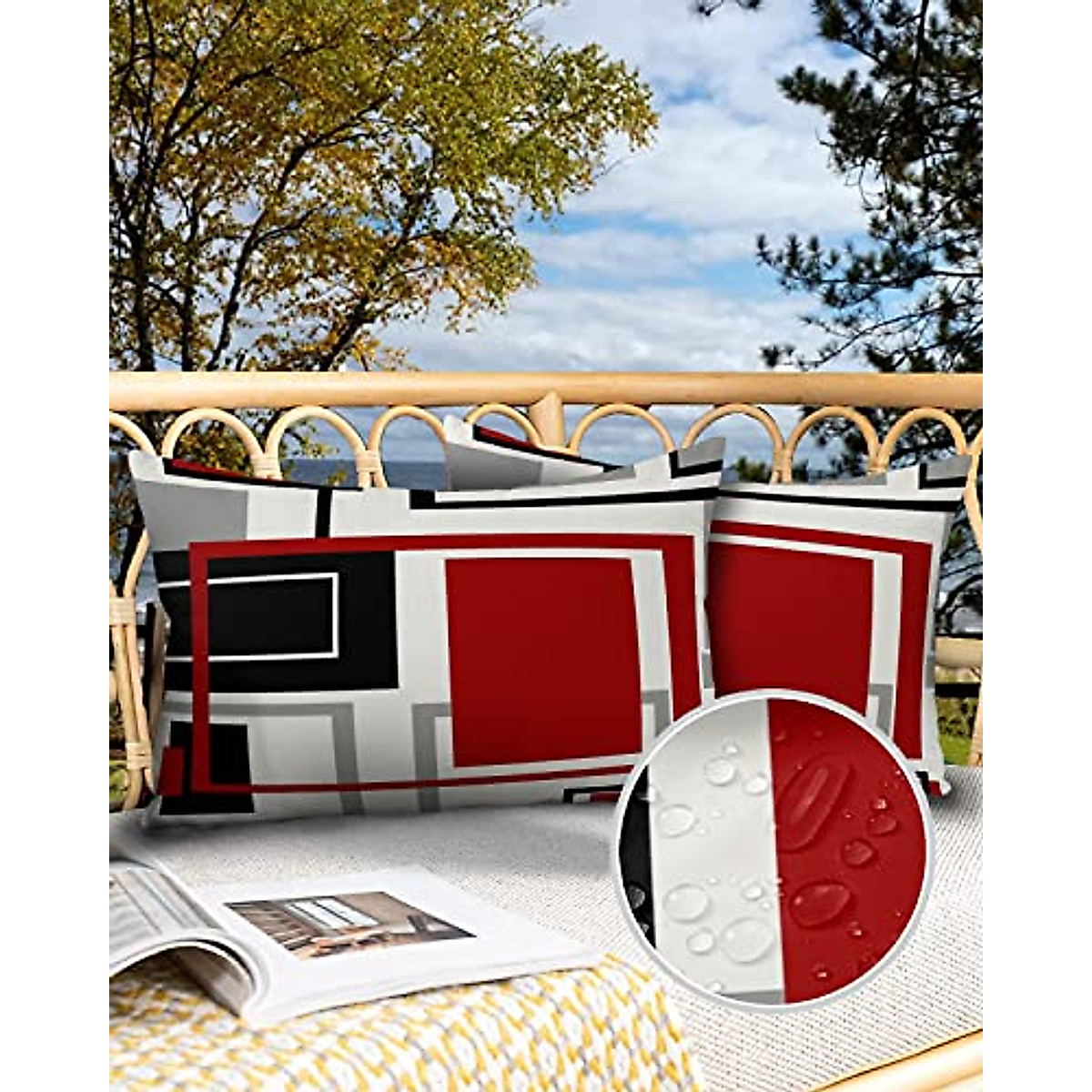 Red Gray Black Geometric Lumbar Pillow Covers 12 x 20 Inches, Modern Abstract Art Aesthetics Waterproof Throw Pillow Cover Set of 2, Decorative Rectangle Cushion Covers for Patio/Tent/Couch/Garden