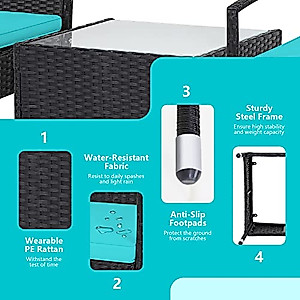 RELAX4LIFE 3-Piece Patio Furniture Set - Rattan Conversation Set, Wicker Bistro Set W/ 2 Chairs, Glass Table, Steel Frame, Outdoor Chairs Set for Yard, Balcony, Front Porch Furniture(Turquoise)