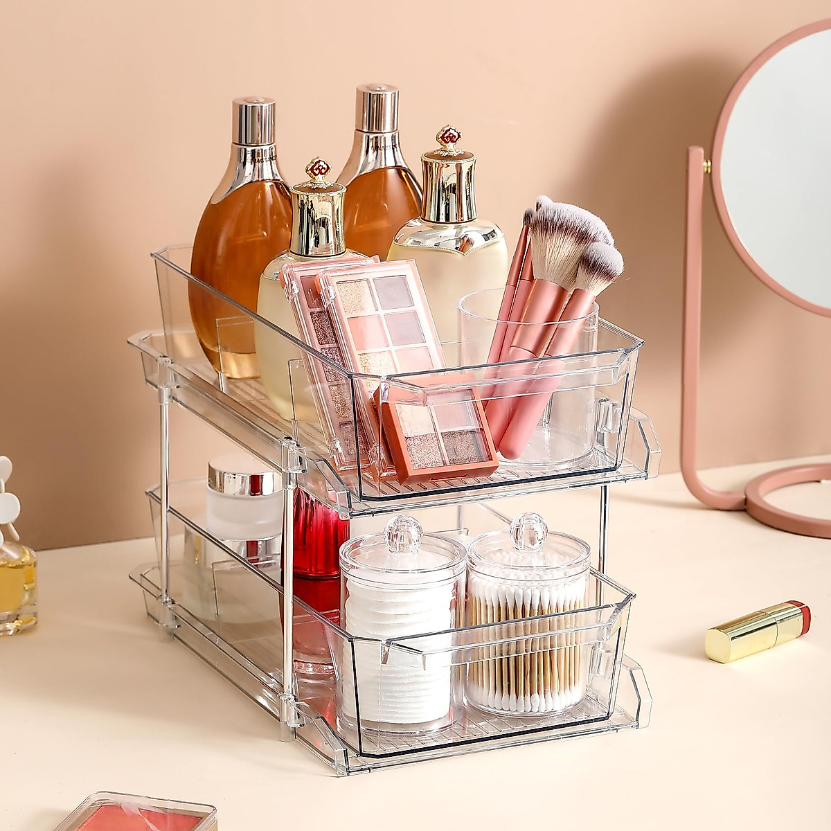 2 Tier Clear Organizer with Dividers, Multi-Purpose Slide-Out Storage Container, Bathroom Vanity Counter Organizing Tray, Under Sink Closet Organization, Kitchen Pantry Medicine Cabniet Storage Bins