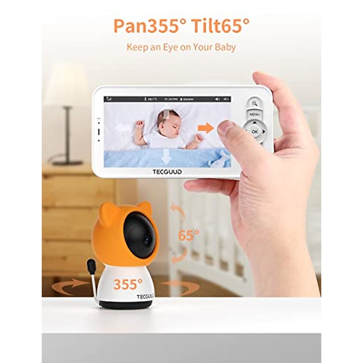 TECGUUD Video Baby Monitor with Camera and Audio, 5" Display, 2.4GH WiFi 1080P Camera, NightVision, Motion and Sound Notifications, Humidity, Room Temp,2-Way Talk， Support Phone App Control