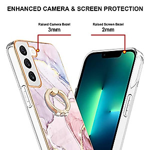 Monwutong Slim Fit Phone Case for Samsung Galaxy S23 (Not fit S23 Plus), IMD Marble Pattern Shiny Ring Kickstand Case for Girls,with Camera and Screen Protect Cover for Galaxy S23,ZHDD Rose Gold