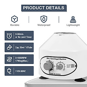 LFGUD Electric Centrifuge Machine 6x20ml Desktop Lab Centrifuge Machine with Timer and Speed Control for Plasma Blood PRP, 4000 RPM, 110V