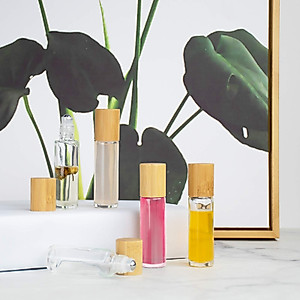 Glass Roll On Bottle with Bamboo Lid for Essential Oils, Creatiee Eco-friendly Refillable Clear Perfume Sample Bottles with Stainless Steel Roller Ball - Portable & Practical (12Pcs 15ml Clear)