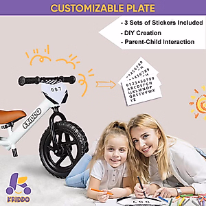 KRIDDO Toddler Balance Bike 2 Year Old, Age 18 Months to 5 Years Old, 12 Inch Push Bicycle with Customize Plate (3 Sets of Stickers Included), Steady Balancing, Gift Bike for 2-3 Boys Girls, WH