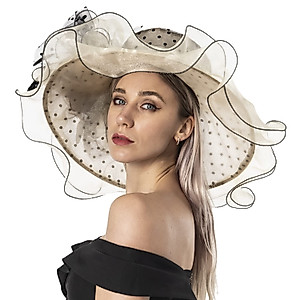 Women's Organza Church Hat Bridal Tea Party Wedding Tea Party Sun Hat with Detachable hat Flower as Headgear Beige