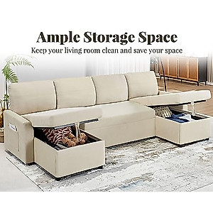 VanAcc Sleeper Sofa, 110 inch Overisze - 2 in 1 Pull Out Bed, Sectional Sleeper Sofa with Double Storage Chaise for Living Room, Beige Chenille Couch