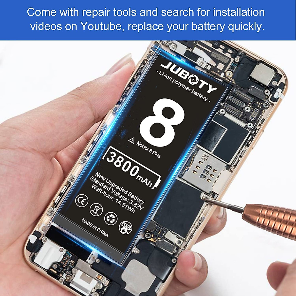 JUBOTY 3800mAh Battery for iPhone 8, Li-ion Internal New Upgrade 0 Cycle High Capacity Replacement Battery for iPhone 8 Model A1863 A1905 A1906 with Professional Repair Tool Kit