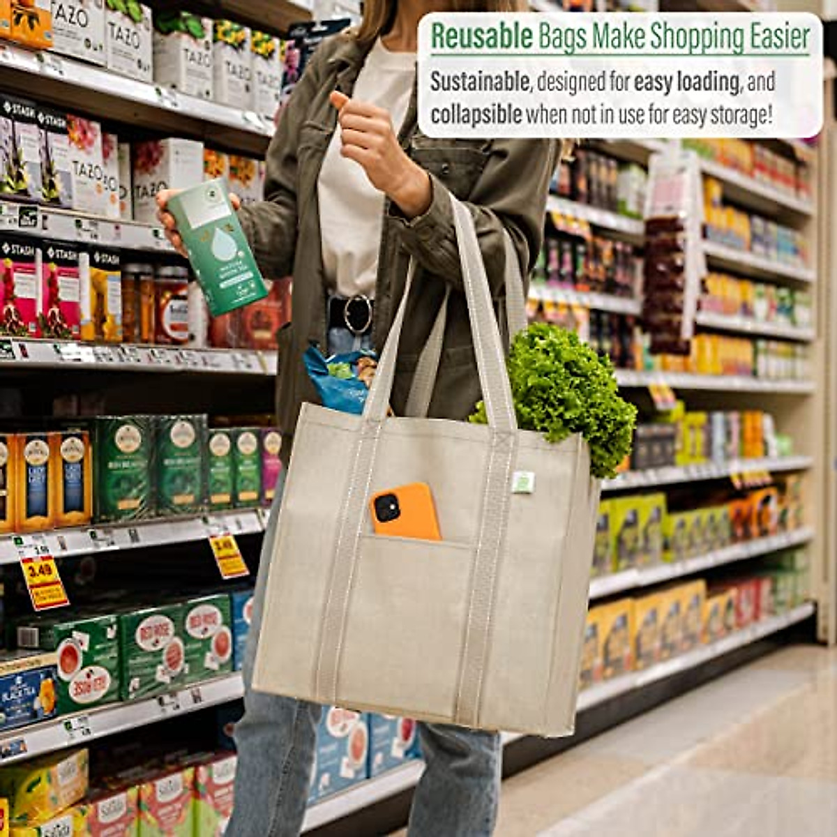 VENO 4 Pack Reusable Grocery Shopping Bag w/bottle holder, Hard bottom, Foldable, Multipurpose Heavy Duty Tote, Daily Utility bag, Stands Upright, Sustainable (Set of 4, Beige)