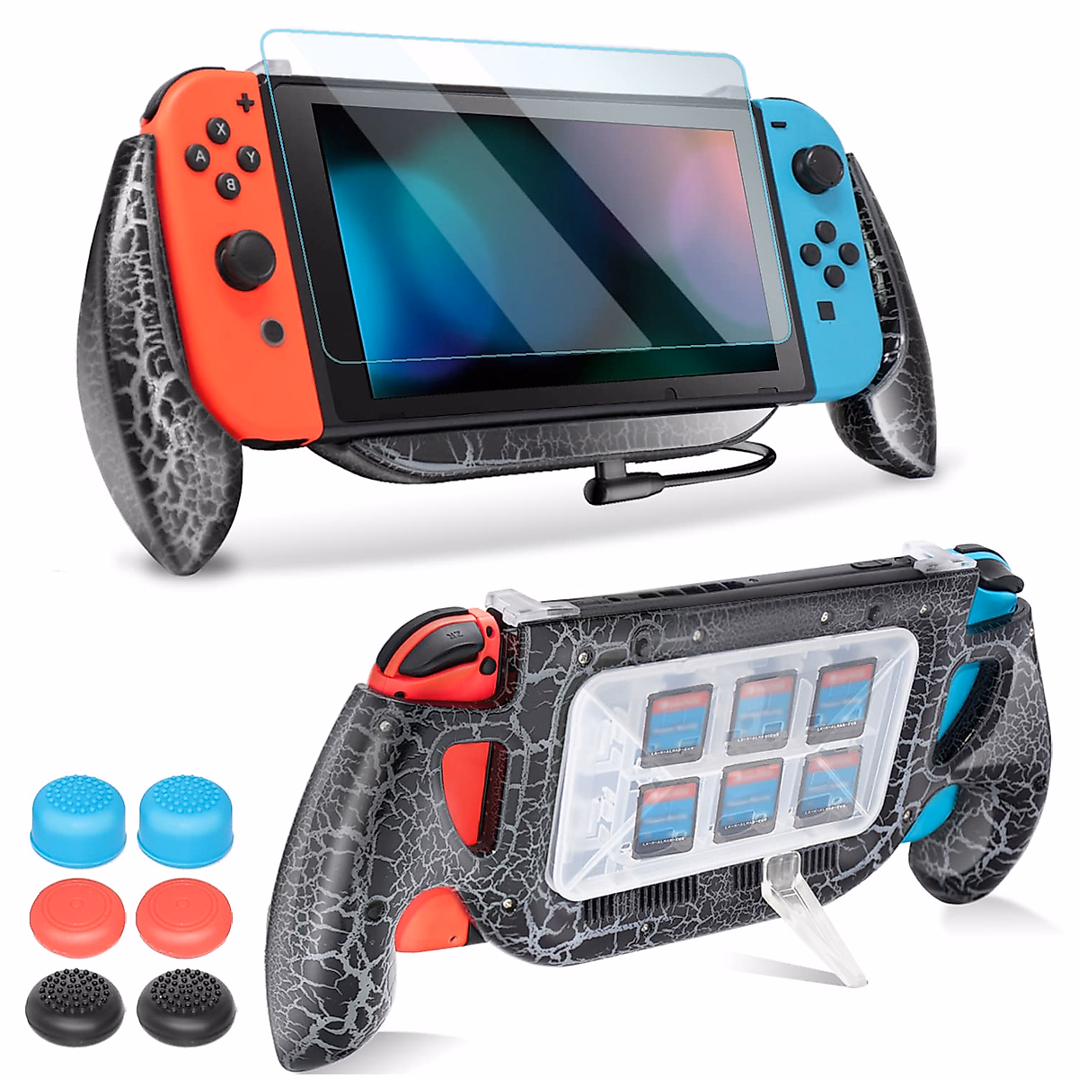 Grip Case with Stand for Nintendo Switch,Ergonomic Comfort Handles with Game Card Box USB C Charging Cable Protective Case Kit，with Tempered Glass Screen Protector & Thumb Grip Cap
