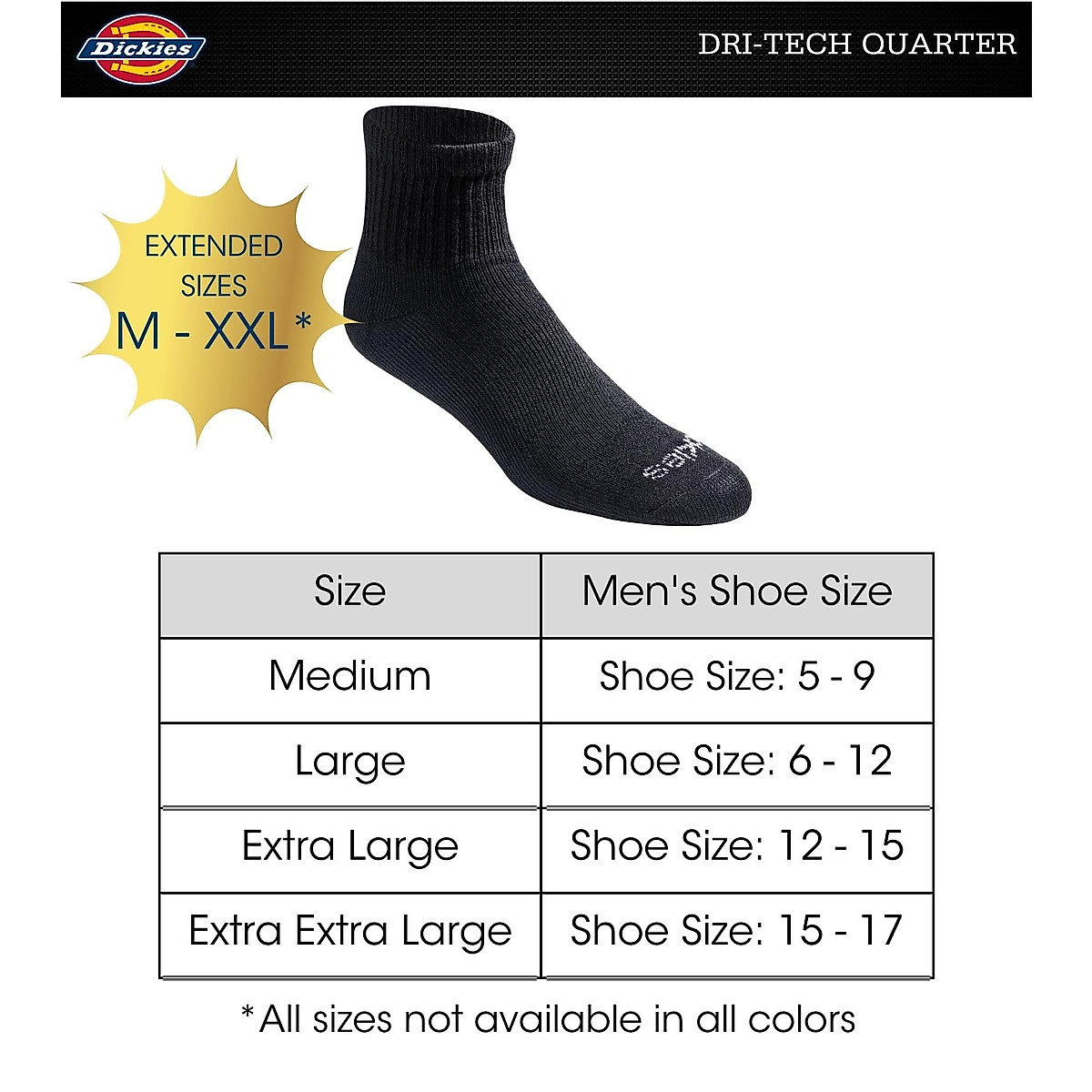 Dickies Men's Dri-Tech Moisture Control Quarter Socks (6, 18, Solid Black (12 Pairs), Large