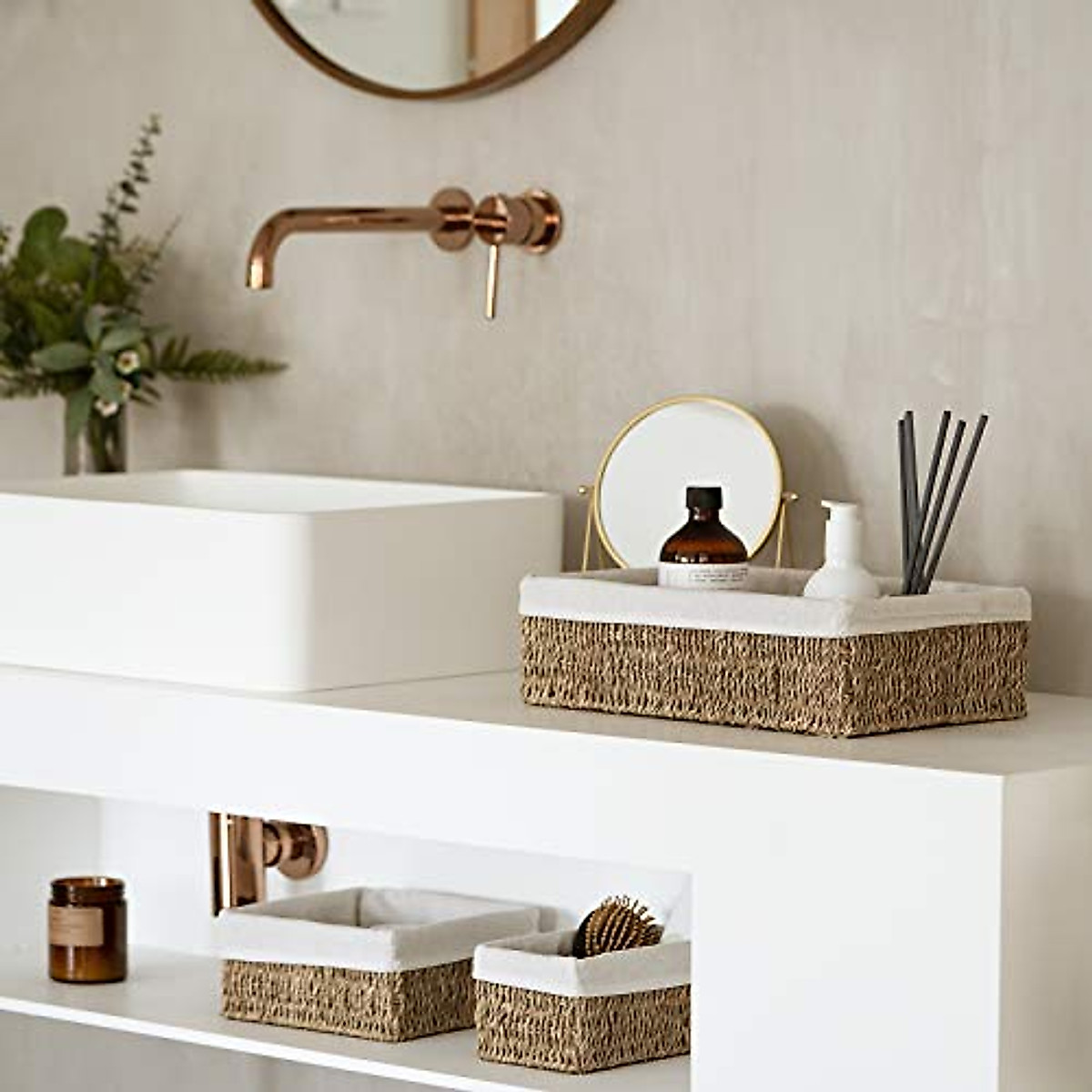 FairyHaus Seagrass Storage Baskets with Liner, Natural Small Seagrass Baskets, Hand-woven Nesting Wicker Baskets Set for Shelves Rectangle 3Pack (L+M+S)