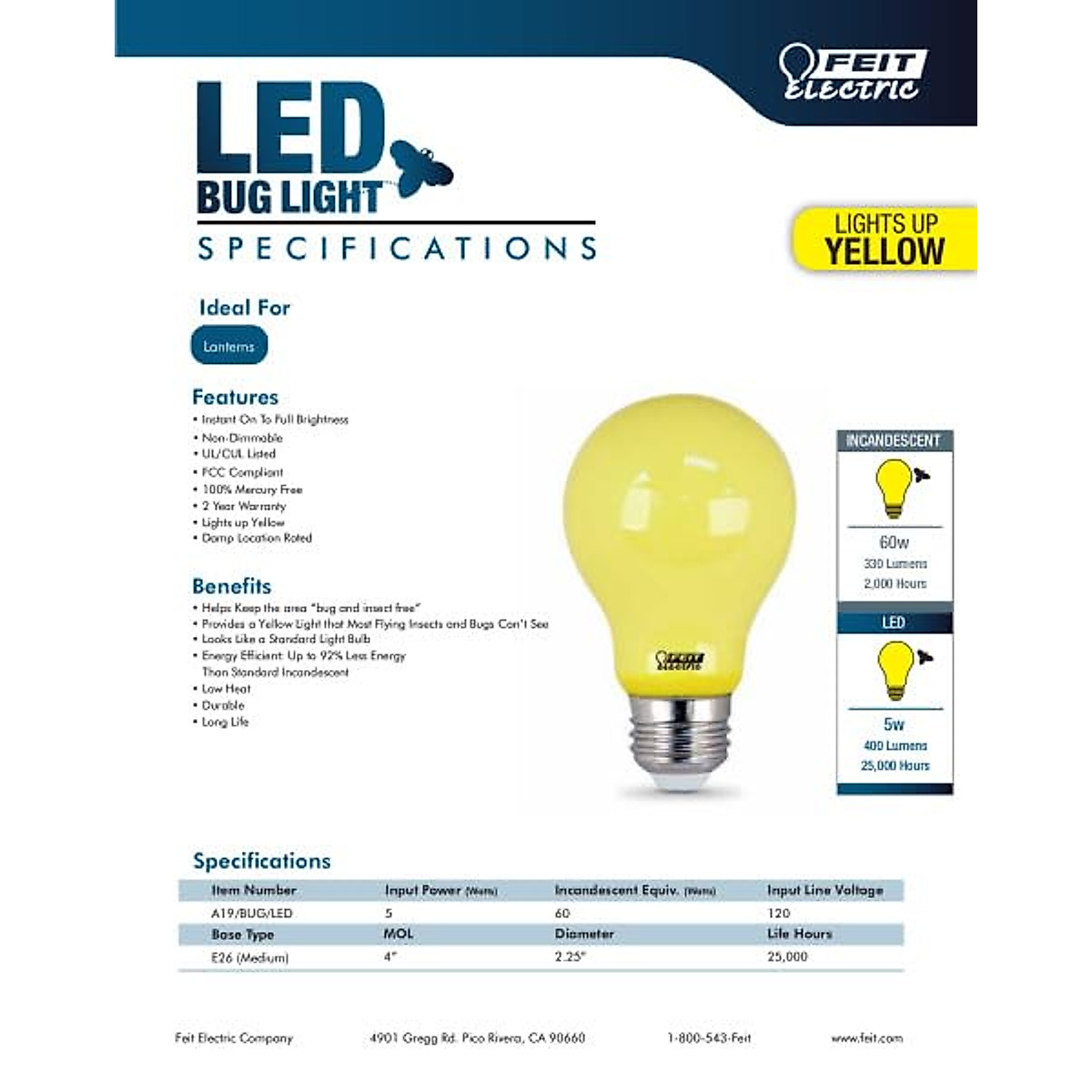 Feit Electric A19/BUG/LED Outdoor Bug Light 60-Watts Equivalent Non-Dimmable LED Light Bulb, E26 Medium Base, Yellow, Pack of 1