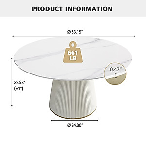 53'' Round Marble Dining Table for 4, Modern White Sintered Stone Top Kitchen Table for Dining Room,Faux Marble Circle Dining Table with Solid Wood Panel Pedestal,Wrapped in PU Leather(Only Table)