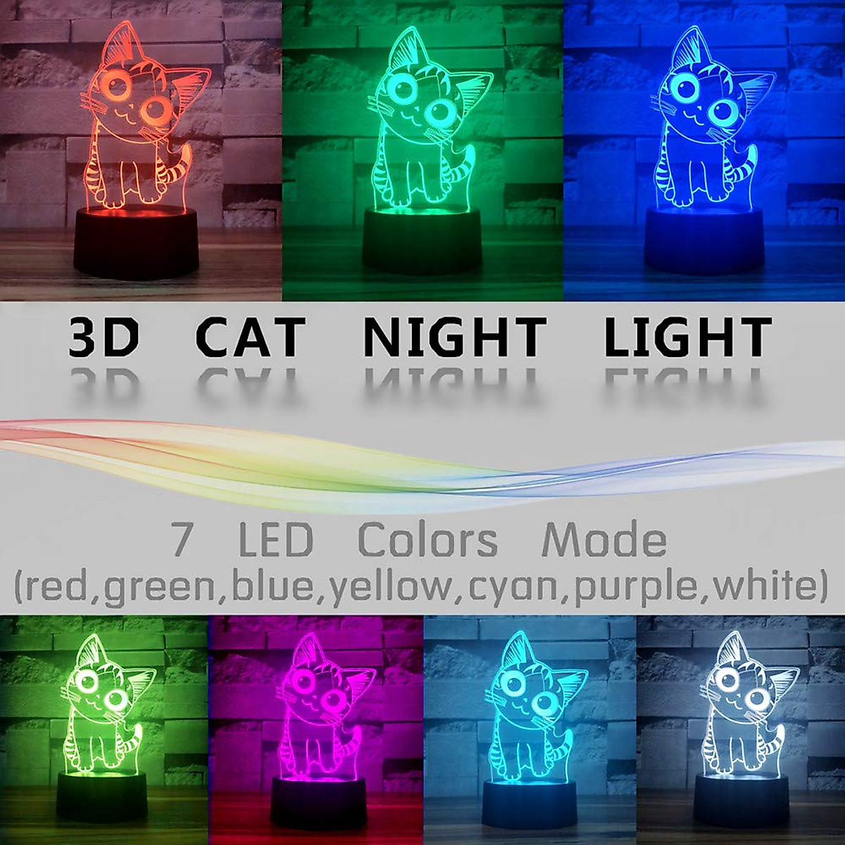 i-CHONY Cat Gift Night Light for Kids,Auto 7 Colors Changing Cat Table Lamp,3D Illusion Bedside Lamp,Cute Cat Gifts for Women Teens Boys Girls Birthday Christmas Gifts